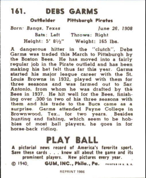 1940 Play Ball #161 Debs Garms - EX