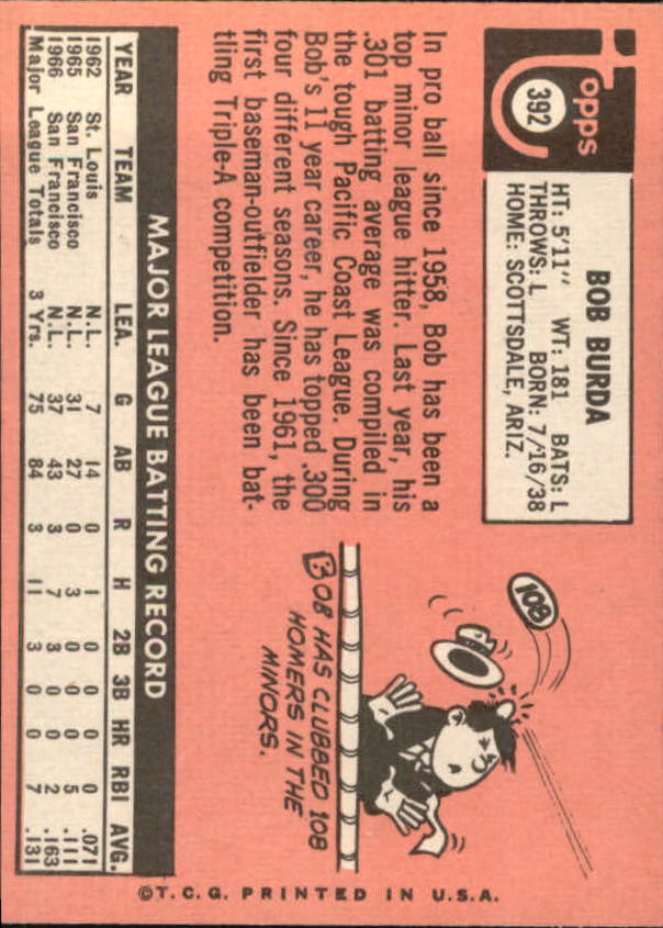 1969 Topps #392 Bob Burda RC - Vg+