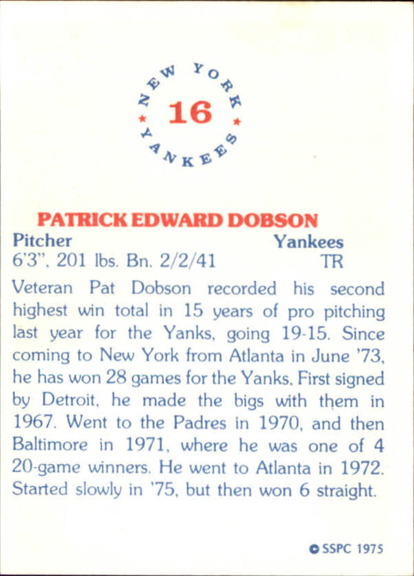 1975 Yankees SSPC #16 Pat Dobson - NM-MT