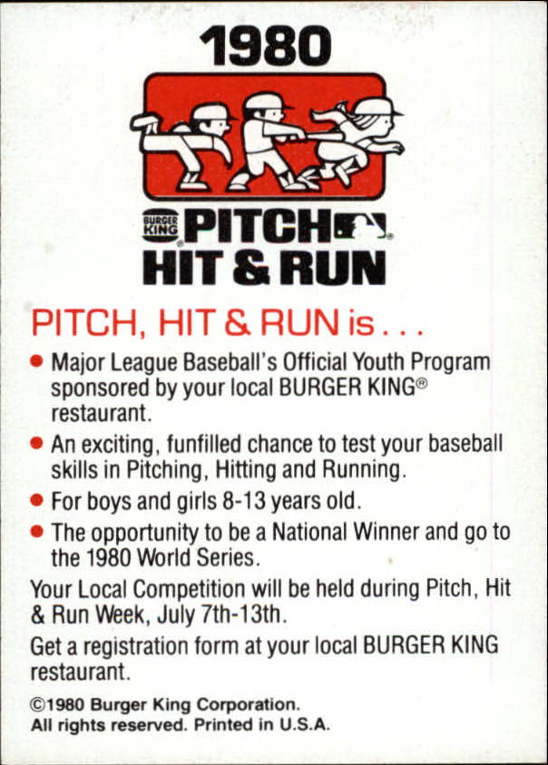 1980 Burger King Pitch/Hit/Run #NNO Checklist Card TP - NM-MT