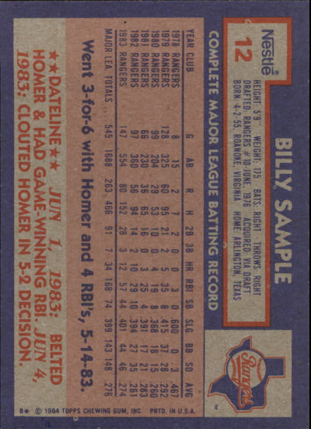 1984 Nestle 792 #12 Billy Sample - MINT