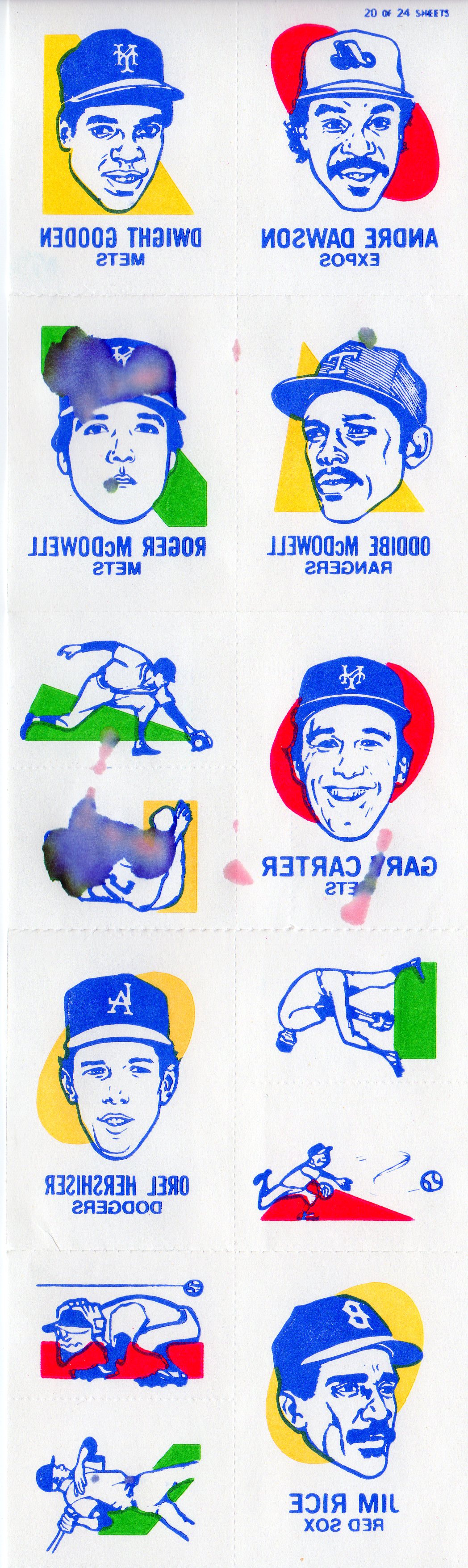 1986 Topps Tattoos #20 Sheet 20/Dwight Gooden/Andre Dawson/Roger McDow ...