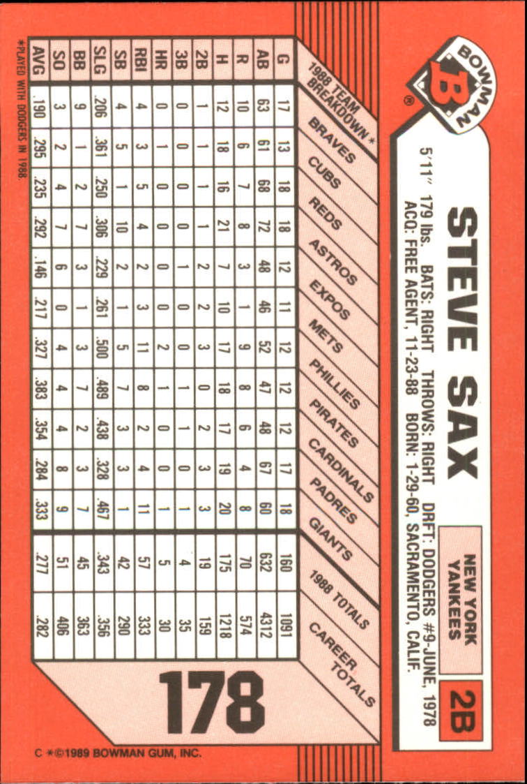 1989 Bowman Tiffany #178 Steve Sax - A9332 - NM-MT - Rich 'N Deals ...