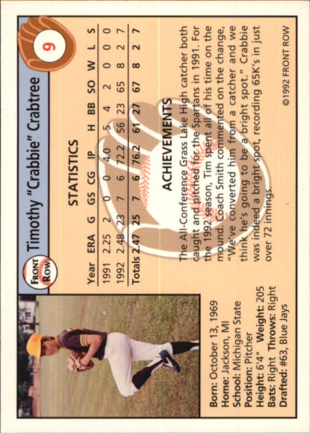 1992 Front Row Draft Picks #9 Tim Crabtree - NM-MT