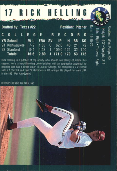 1992 Classic Draft Picks #17 Rick Helling - NM-MT