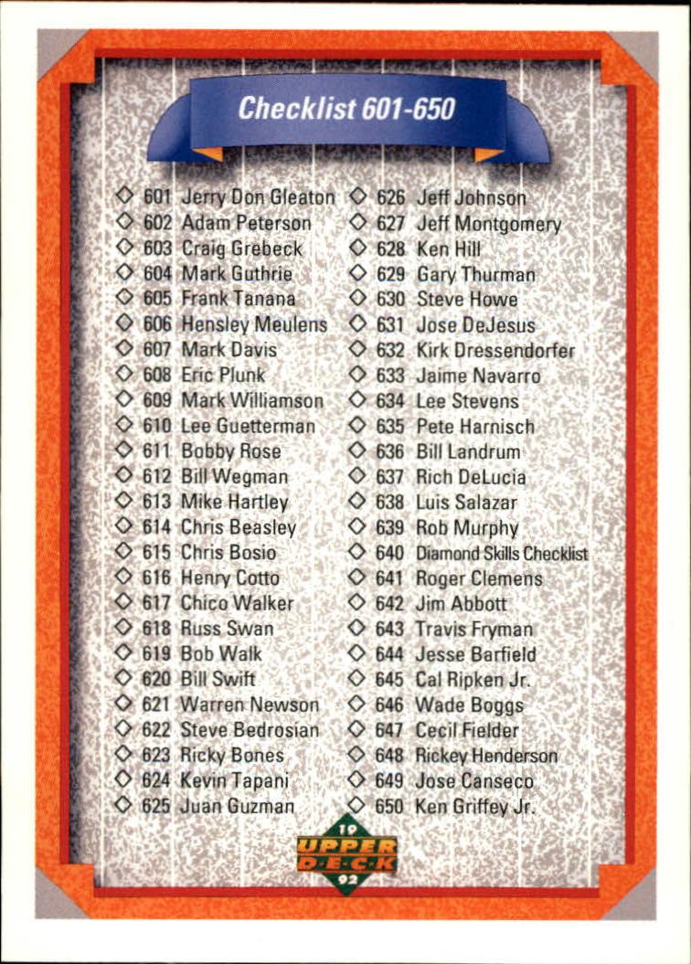 1992 Upper Deck #700 Checklist 601-700 - NM-MT