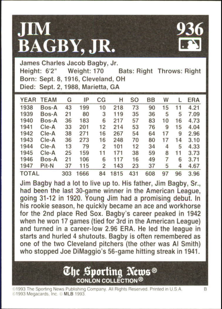 1993 Conlon TSN #936 Jim Bagby Jr. - NM-MT