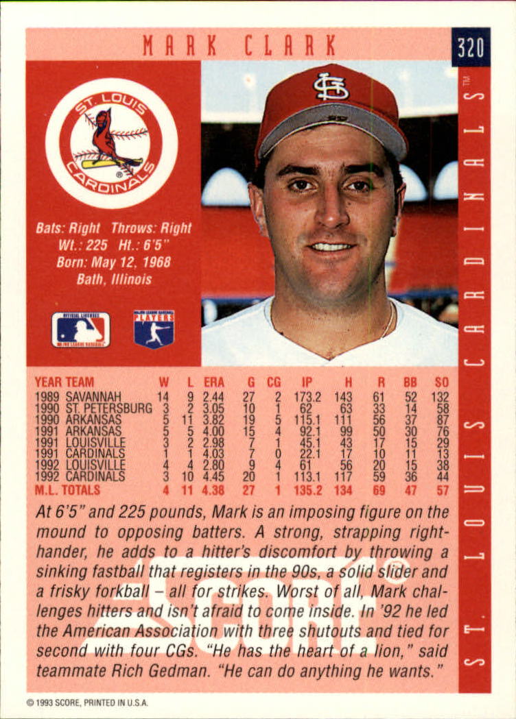 1993 Score #320 Mark Clark - NM-MT