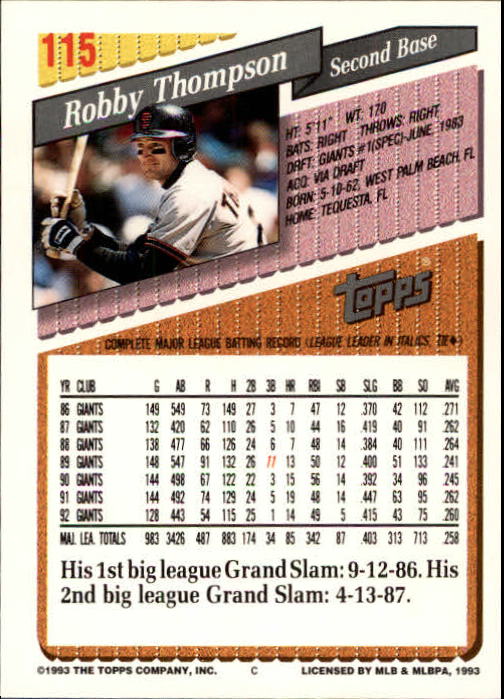 1993 Topps Inaugural Rockies #115 Robby Thompson - NM-MT