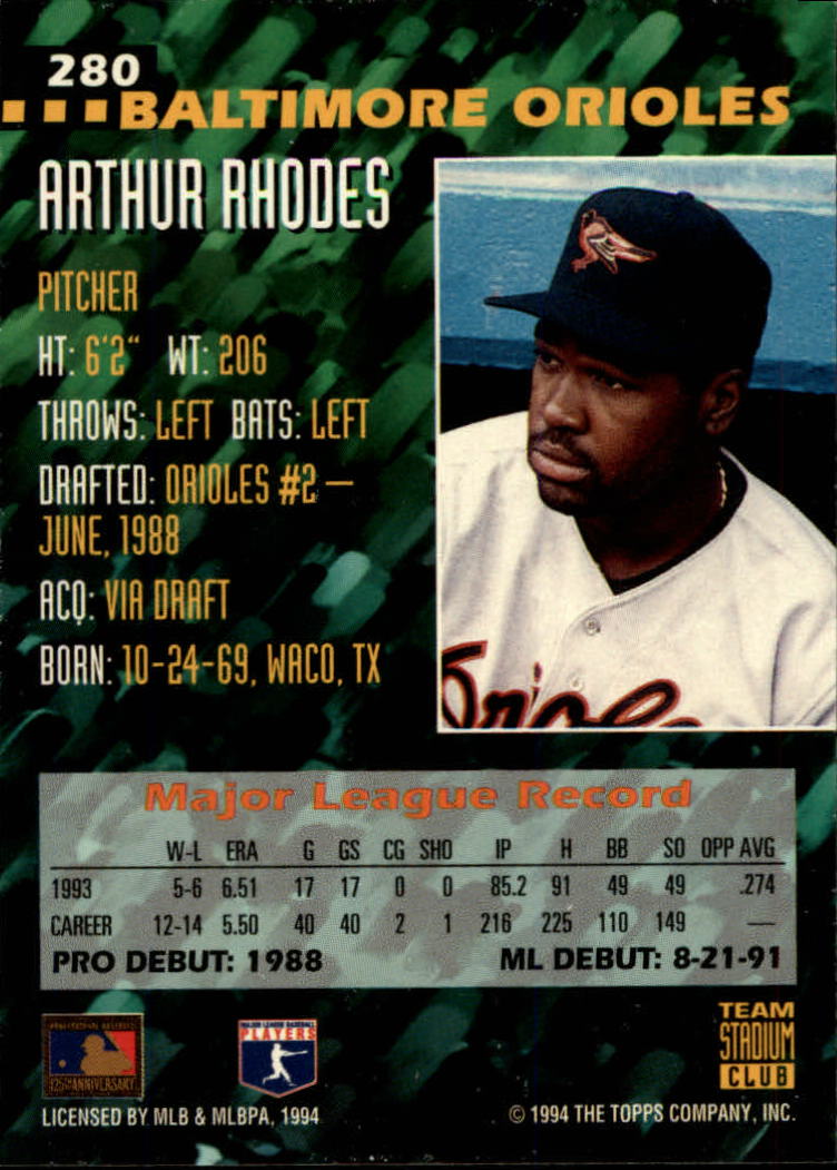 1994 Stadium Club Team #280 Arthur Rhodes - NM-MT