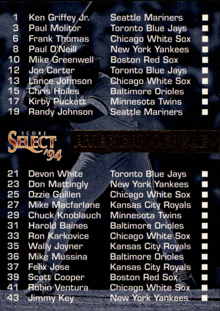 1994 Select #209 AL Team Checklist - NM-MT