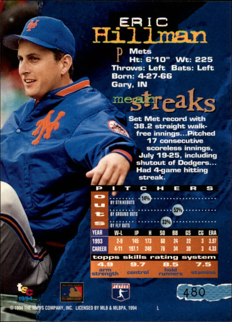 1994 Stadium Club #480 Eric Hillman - NM-MT