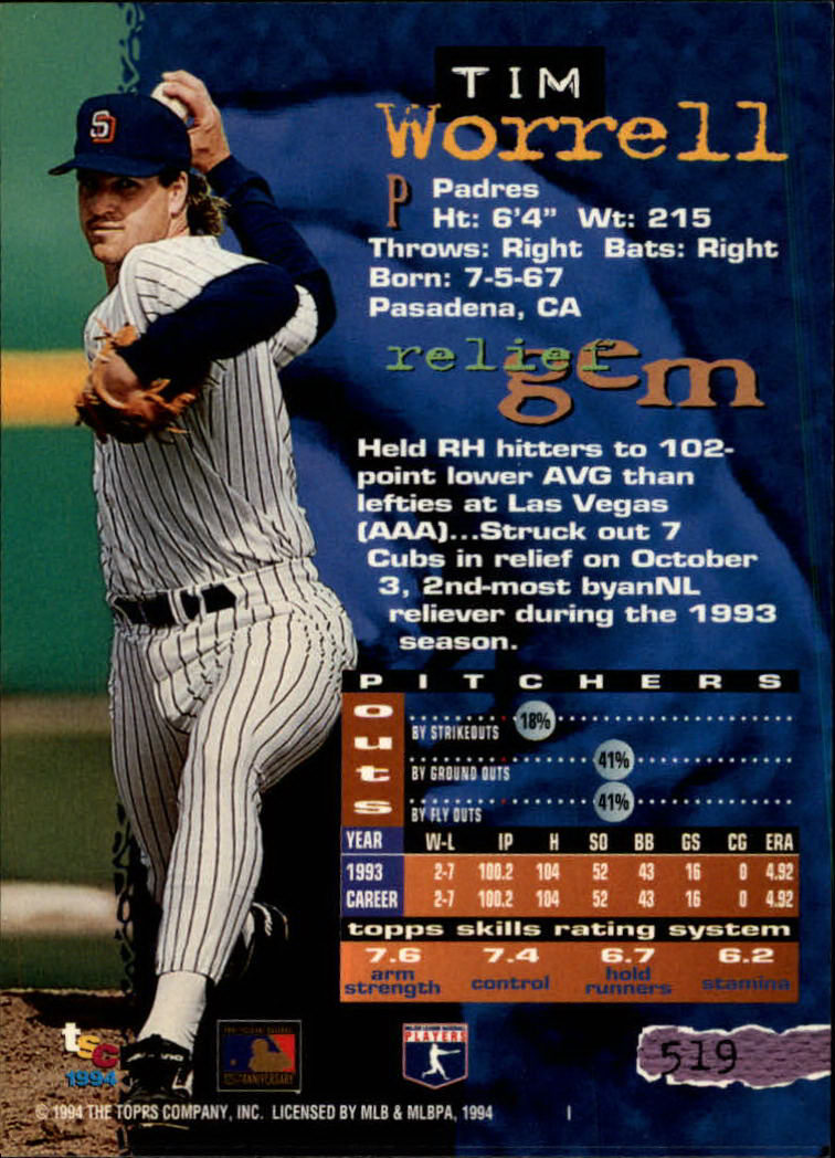 1994 Stadium Club #519 Tim Worrell - NM-MT