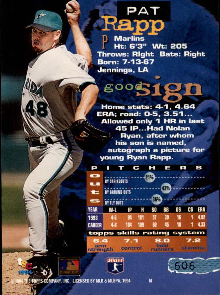 1994 Stadium Club #606 Pat Rapp - NM-MT