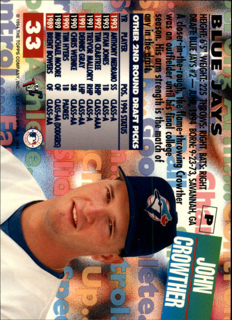 1994 Stadium Club Draft Picks #33 John Crowther XRC - XRC ROOKIE - NM-MT