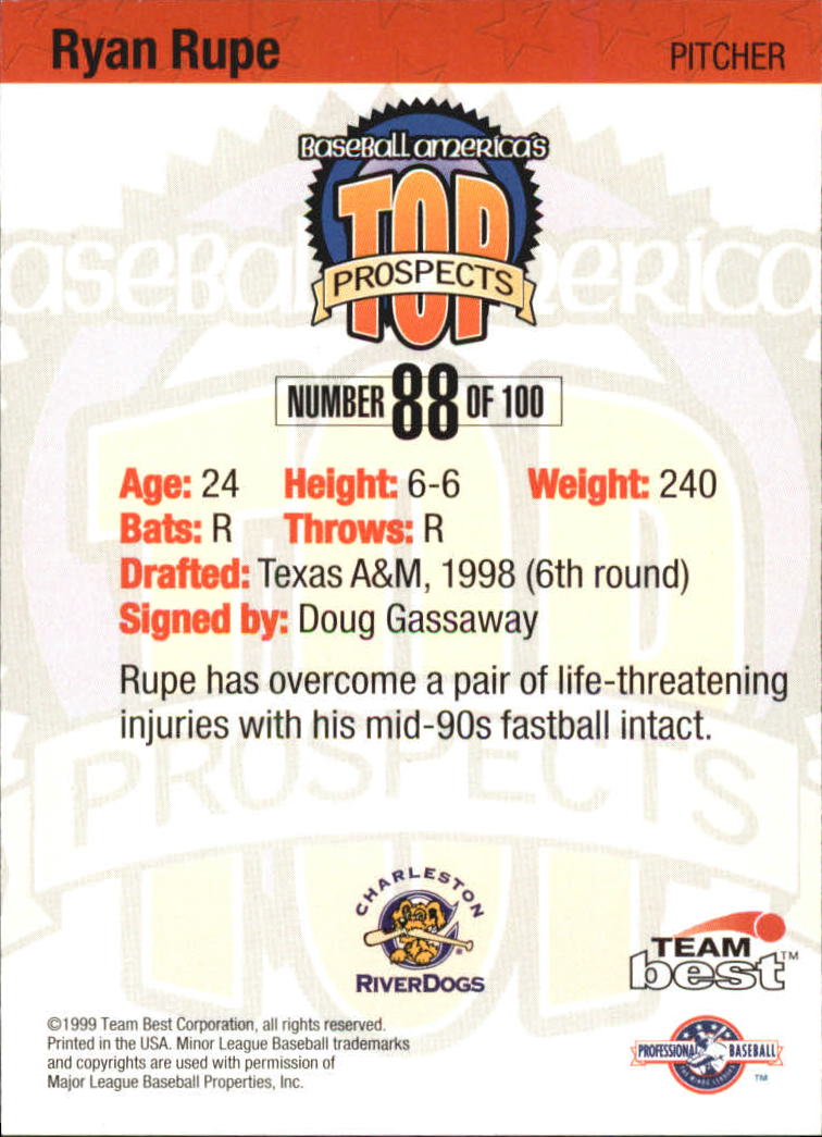 1999 Baseball America Diamond Best #88 Ryan Rupe - NM-MT - Card Shack ...