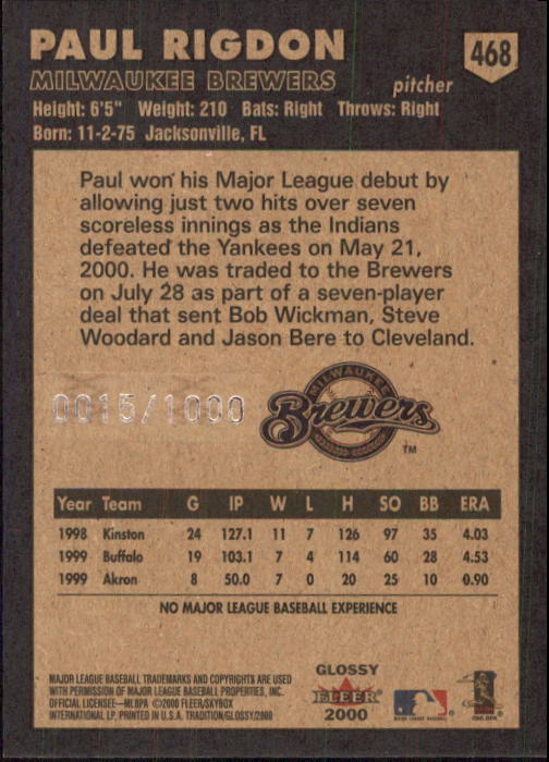 2000 Fleer Tradition Glossy #468 Paul Rigdon RC - NM-MT