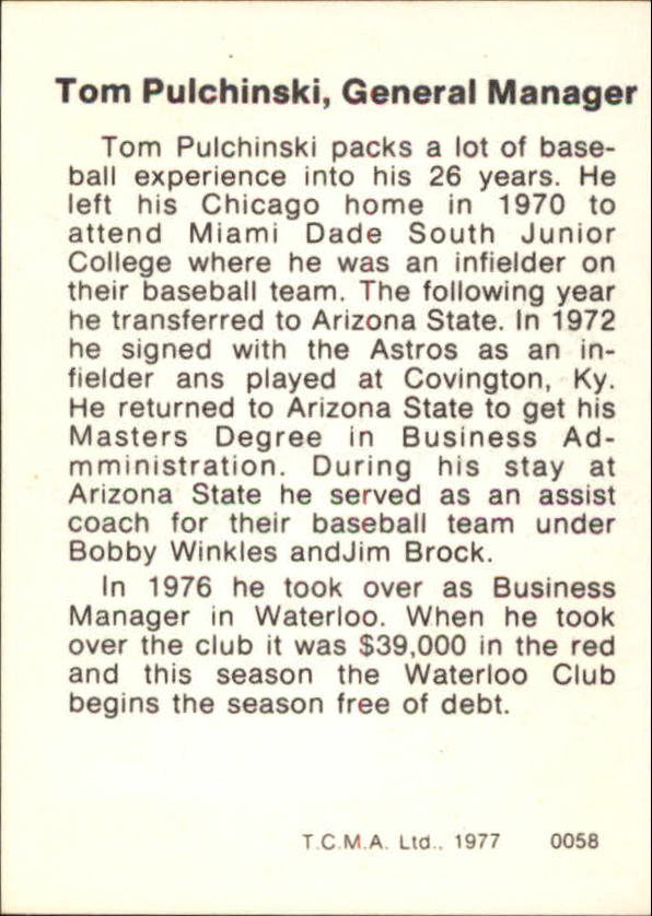 1977 Waterloo Indians TCMA #16 Thomas Pulchinski GM - NM