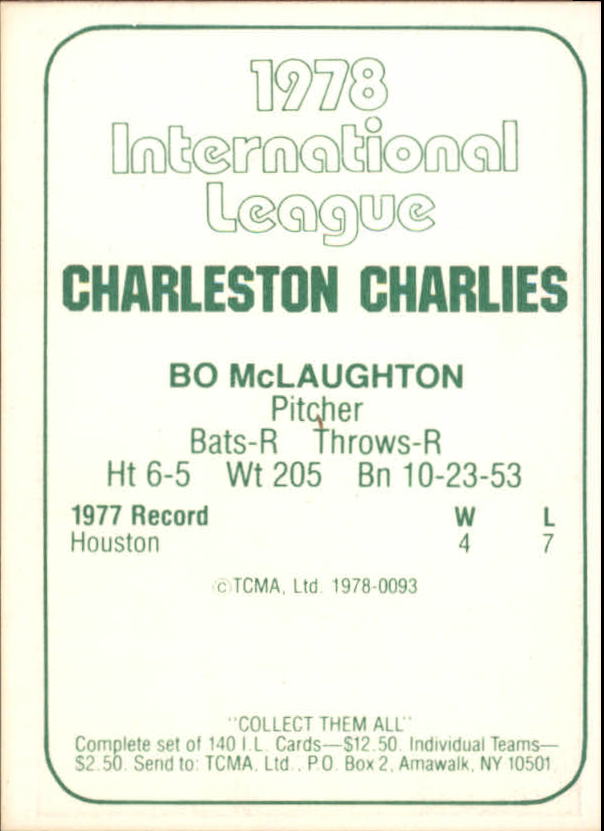 1978 Charleston Charlies TCMA #9 Bo McLaughlin/Sic, McLaughton - NM