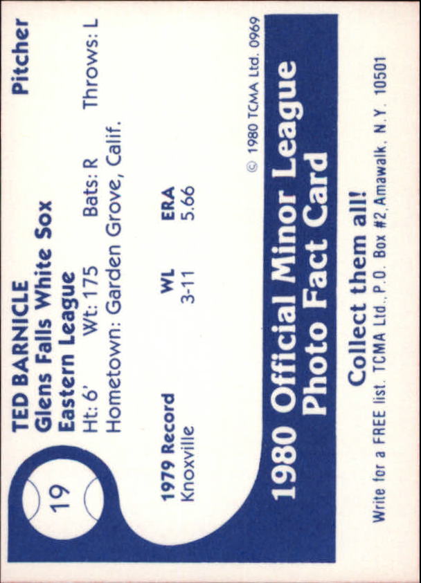 1980 Glens Falls White Sox Color TCMA #19 Ted Barnicle - NM