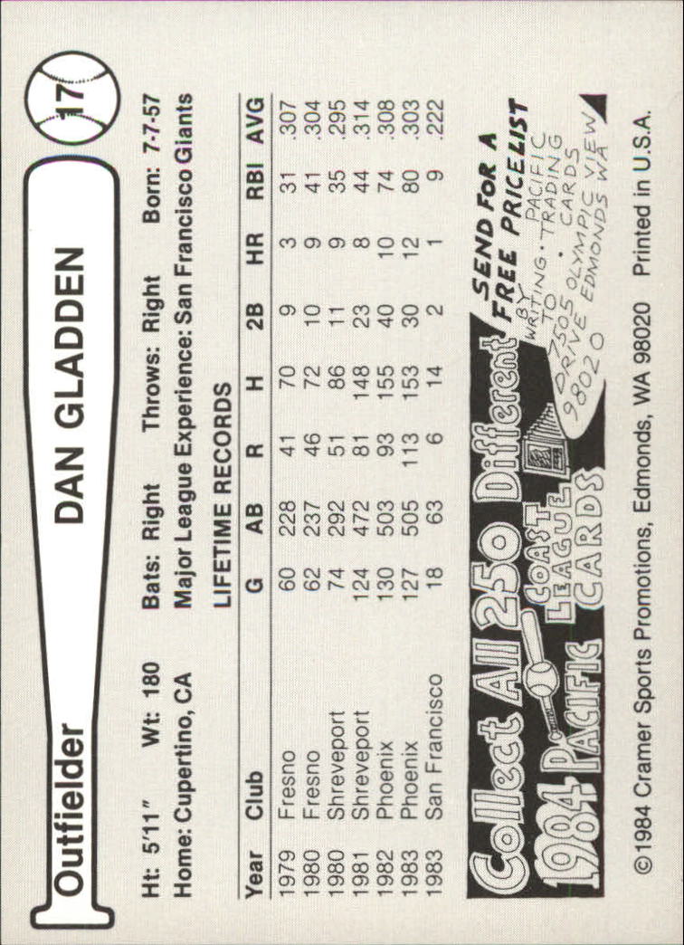 1984 Phoenix Giants Cramer #17 Dan Gladden - A5158 - NM-MT