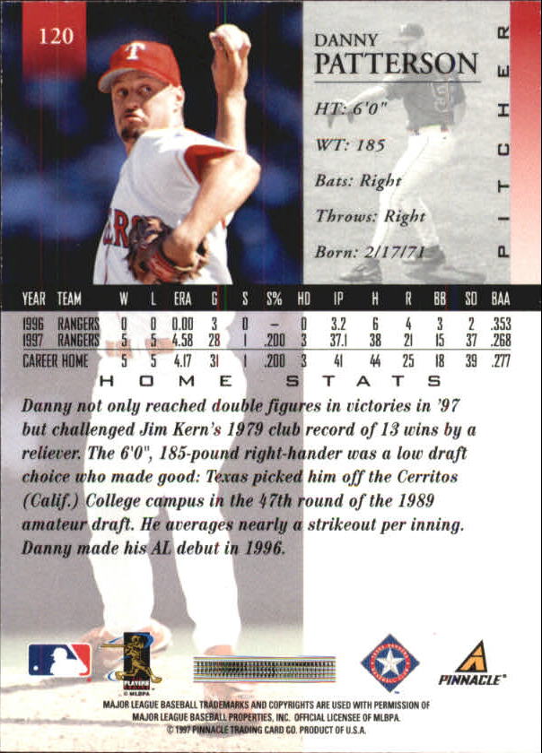 1998 Pinnacle Home Statistics Back #120 Danny Patterson - A3457 - NM-MT