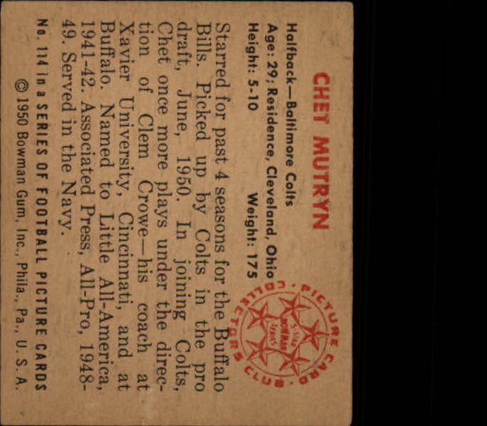 1950 Bowman #114 Chet Mutryn RC - Vg+