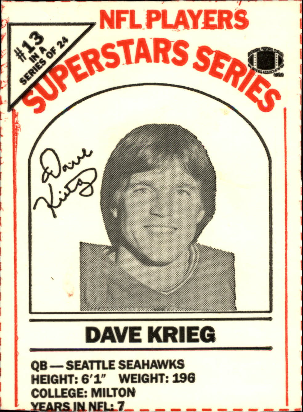 1986 DairyPak Cartons #13 Dave Krieg - . Oversized. - NM-MT