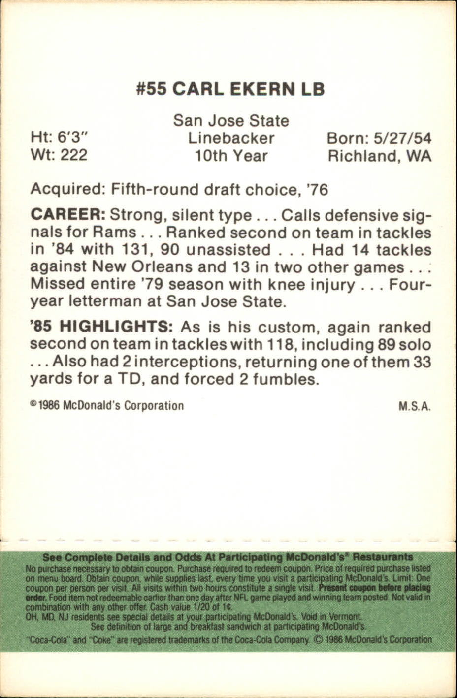 1986 McDonald's Rams Green Tab #55 Carl Ekern - NM-MT - Steve Taft ...