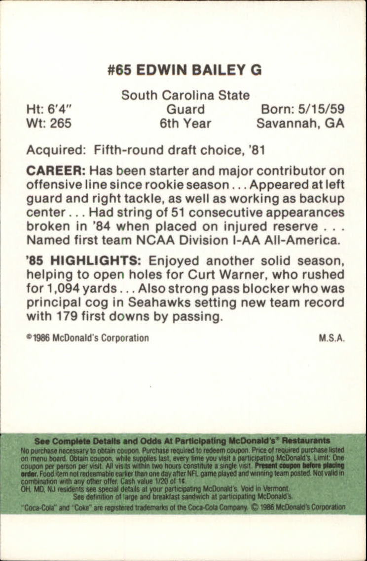 1986 McDonald's Seahawks Green Tab #65 Edwin Bailey DP - NM