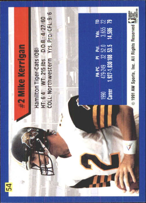 1991 All World CFL #54 Mike Kerrigan - NM-MT