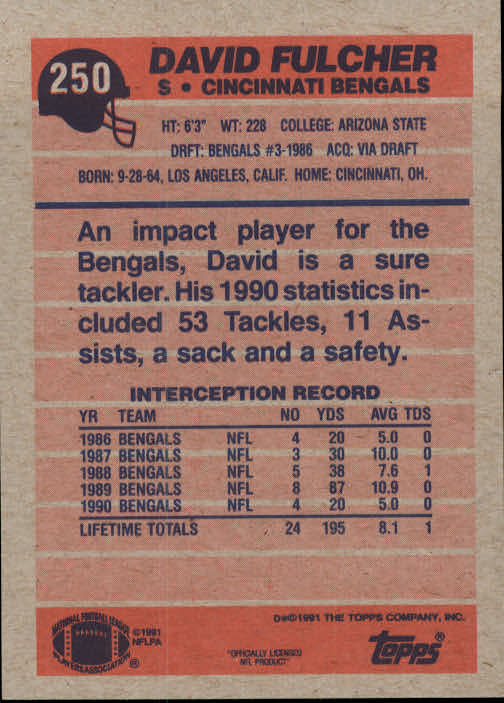 1991 Topps #250 David Fulcher - NM-MT