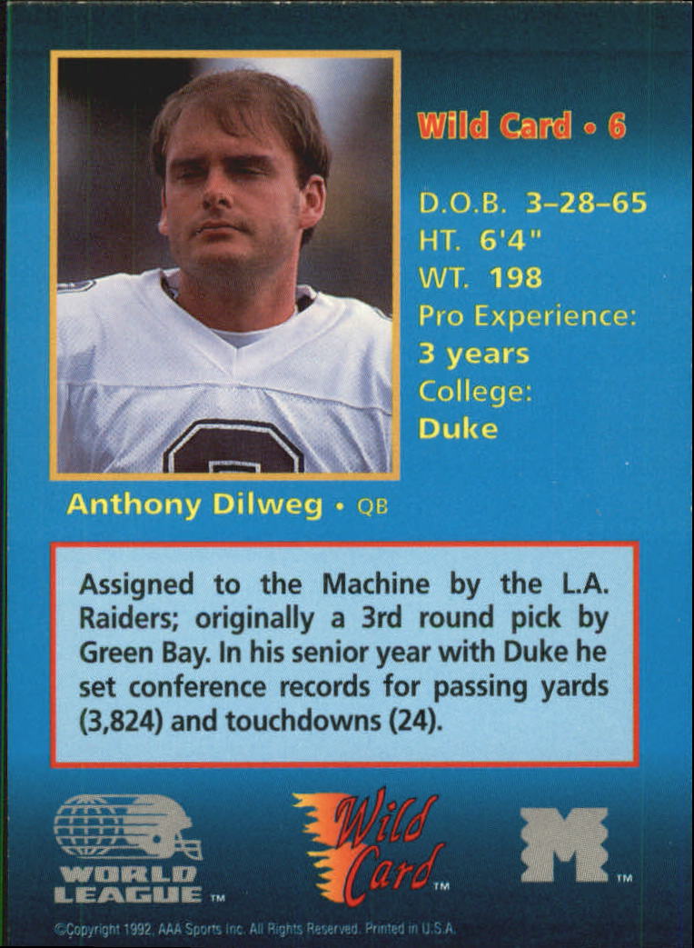 1992 Wild Card WLAF #6 Anthony Dilweg - NM-MT