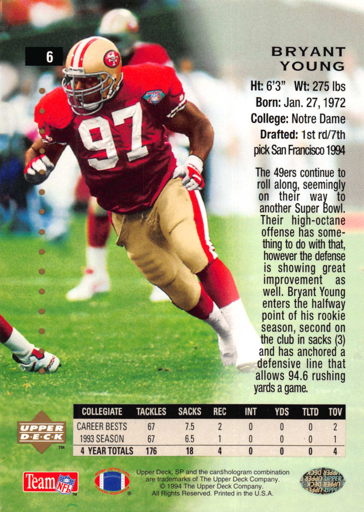 1994 SP #6 Bryant Young RC - NM-MT