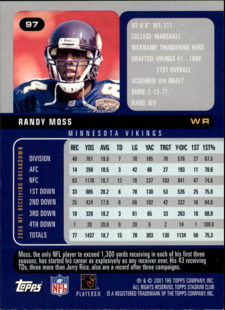 2001 Stadium Club #97 Randy Moss - NM-MT - The Dugout Sportscards ...