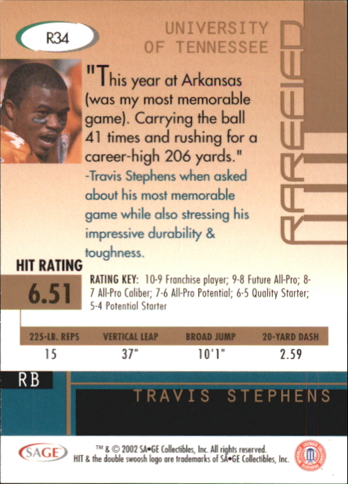 2002 SAGE HIT Rarefied Emerald #R34 Travis Stephens - NM-MT