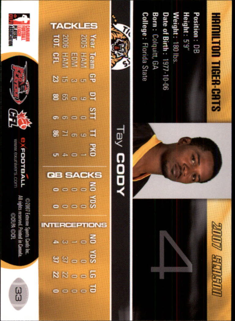 2007 Extreme Sports CFL #33 Tay Cody - NM-MT