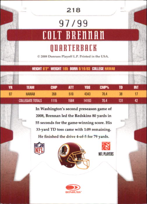 2008 Leaf Limited Silver Spotlight #218 Colt Brennan - NM-MT