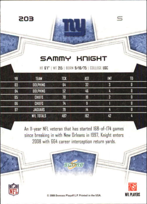 2008 Score Super Bowl XLIII Gold #203 Sammy Knight - NM-MT