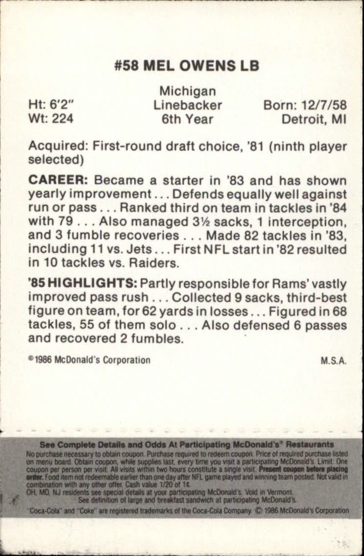 1986 McDonald's Rams Black Tab #58 Mel Owens - NM