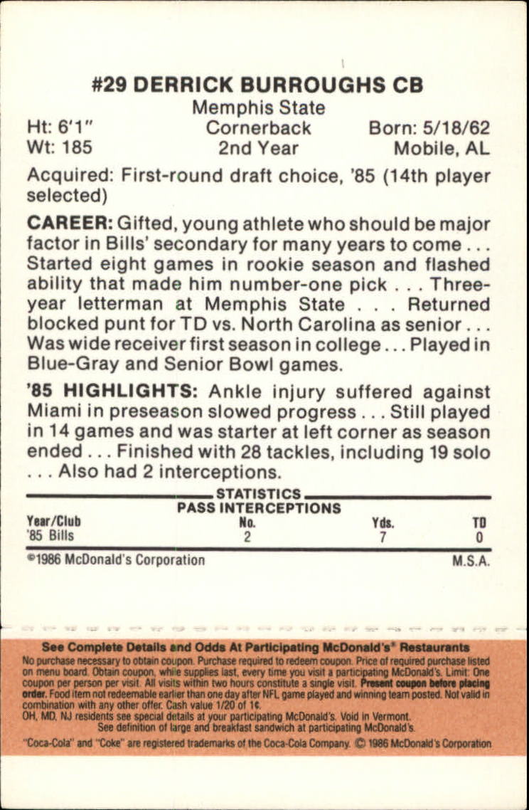 1986 McDonald's Bills Gold Tab #29 Derrick Burroughs DP - NM-MT