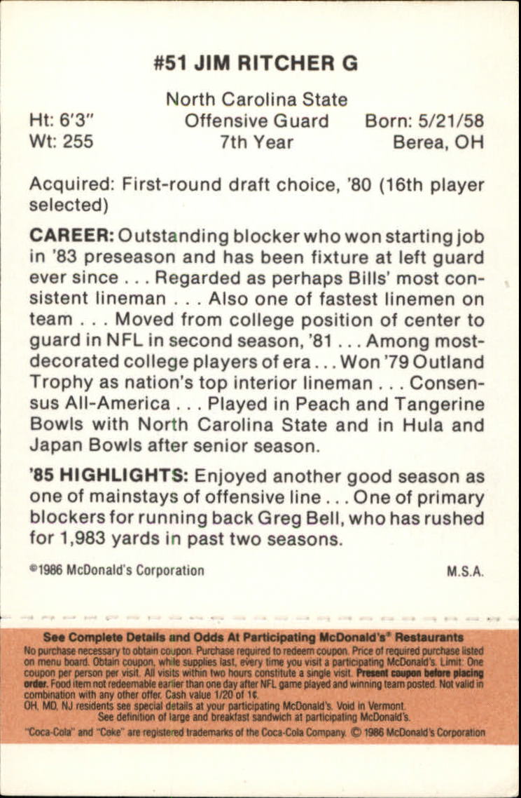 1986 McDonald's Bills Gold Tab #51 Jim Ritcher - EX