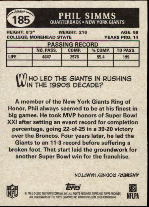 2013 Topps Archives #185 Phil Simms - NM-MT