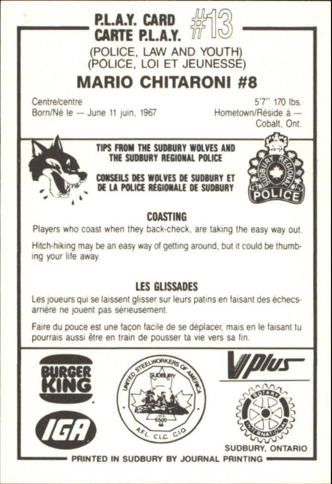 1985-86 Sudbury Wolves #13 Mario Chitaroni - EX-MT