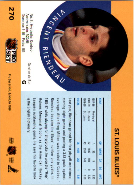 1990-91 Pro Set #270 Vincent Riendeau RC - NM-MT