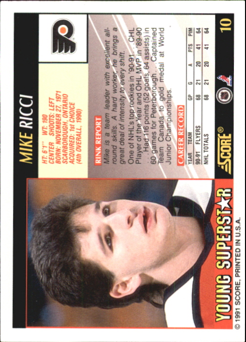 1991-92 Score Young Superstars #10 Mike Ricci - NM-MT - Wonder Water ...