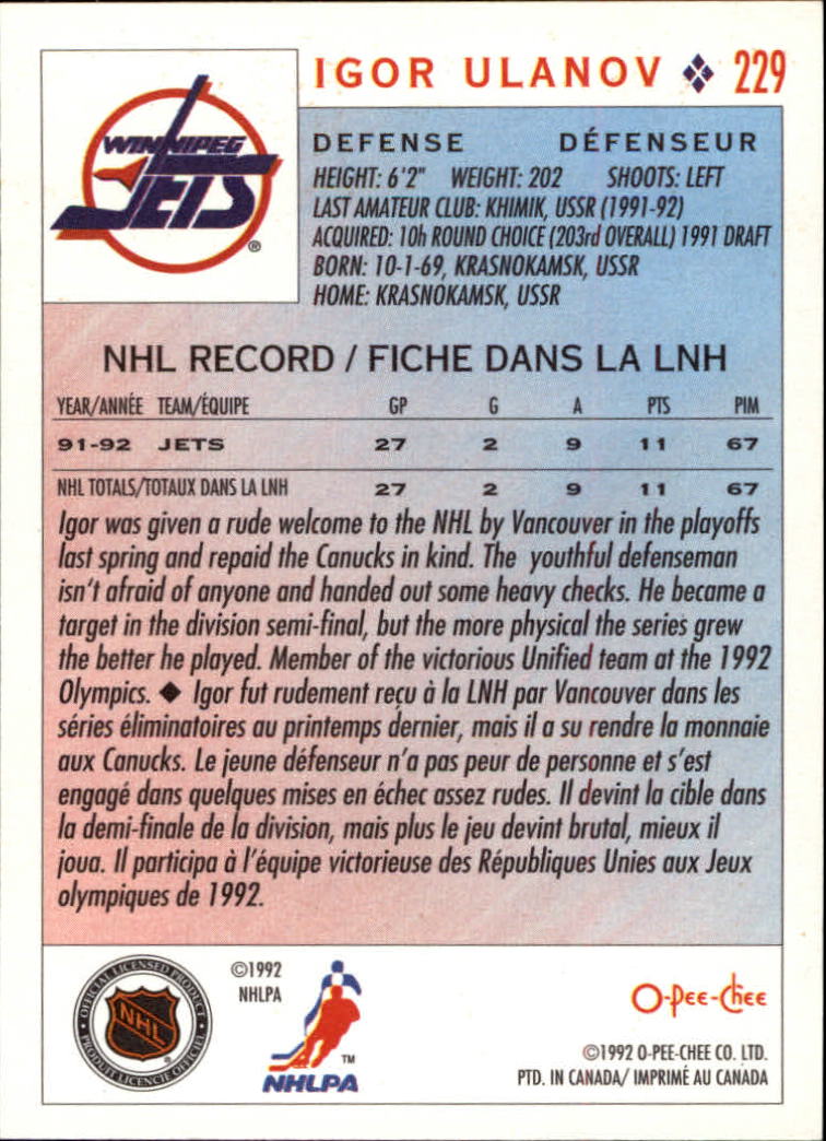 1992-93 O-Pee-Chee #229 Igor Ulanov - NM-MT - Jim & Steve's Sportscard ...
