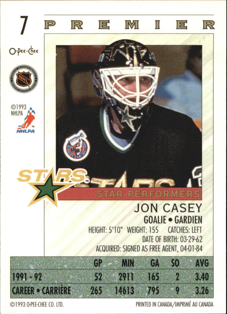 1992-93 OPC Premier Star Performers #7 Jon Casey - MINT - Ziggy's ...