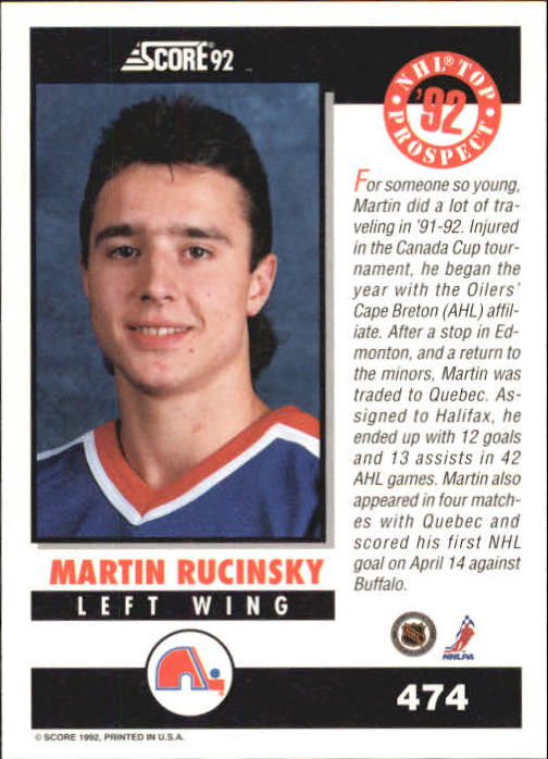 1992-93 Score #474 Martin Rucinsky TP - NM-MT - The Dugout Sportscards ...