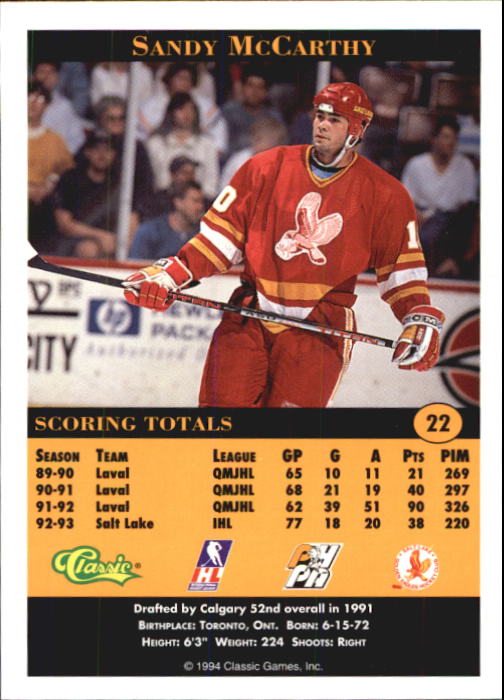 1994 Classic Pro Prospects #22 Sandy McCarthy - NM-MT